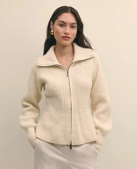Brooks Brothers Merino Wool Blend Peplum Zip Cardigan - Cream