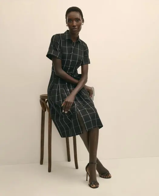 Brooks Brothers Supima Cotton Belted Windowpane Shirt Dress - Black
