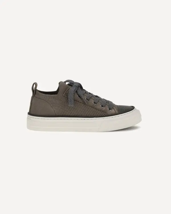 Brunello Cucinelli Cotton Knit And Suede Sneakers With Jewel Embellishments