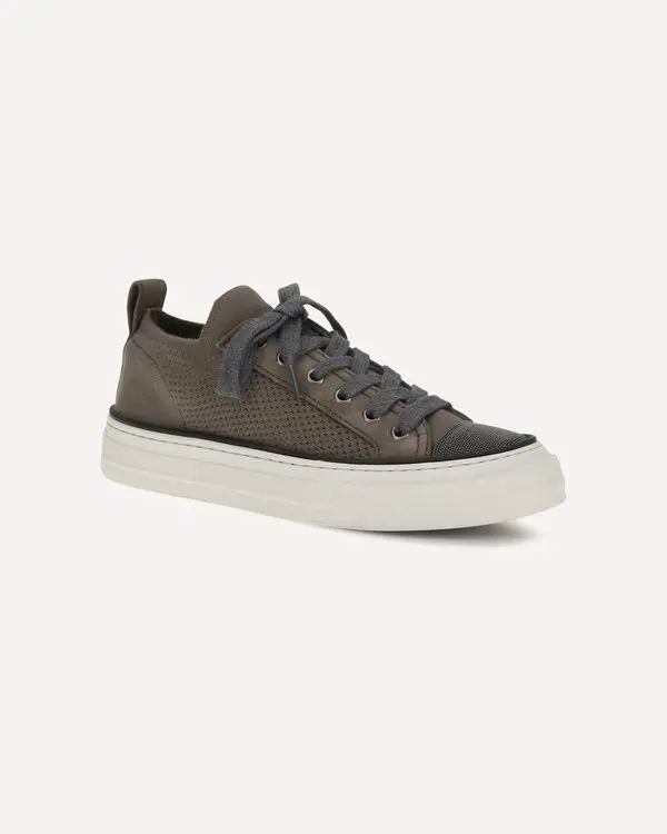 Brunello Cucinelli Cotton Knit And Suede Sneakers With Jewel Embellishments