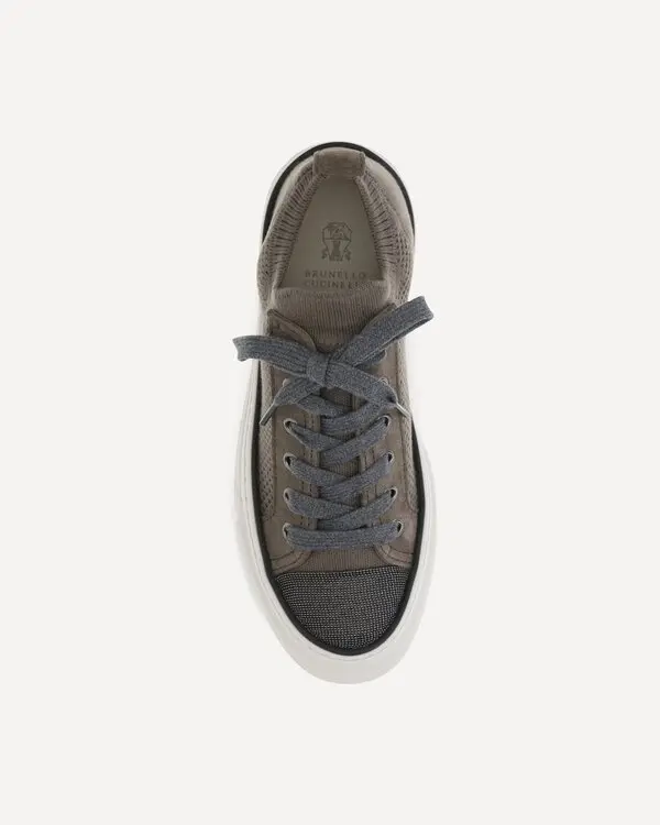 Brunello Cucinelli Cotton Knit And Suede Sneakers With Jewel Embellishments
