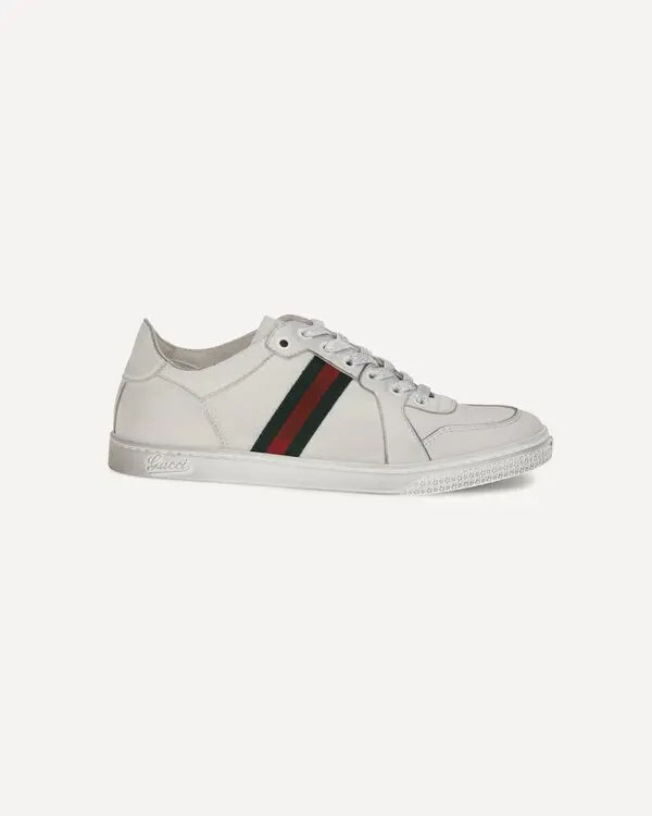 Gucci Stretch Leather Lace-up Sneakers With Web Detail - White