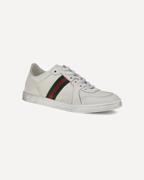Gucci Stretch Leather Lace-up Sneakers With Web Detail - White