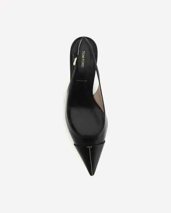 TOM FORD Leather Slingback Pumps With Gold Tone T Logo - Black