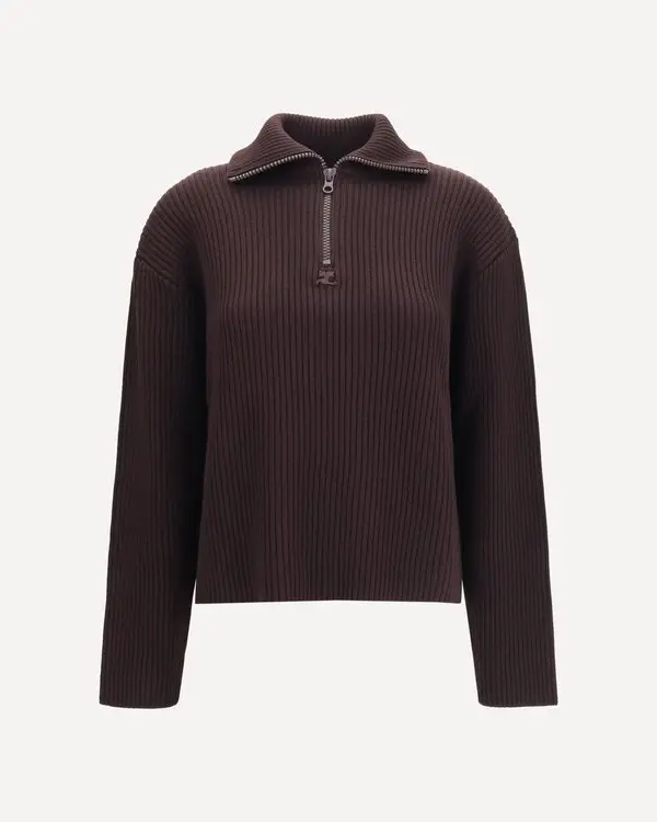 COURREGES Ribbed Merino Wool Zip Sweater - Brown