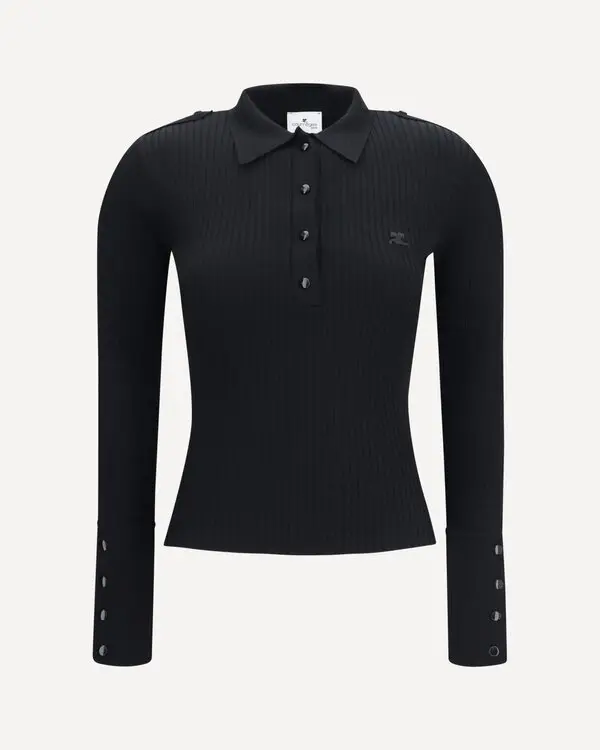 COURREGES Ribbed Knit Polo Shirt With Buttoned Details - Black