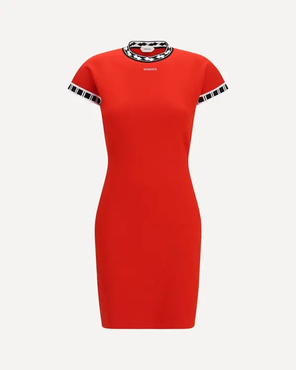 Versace Cotton Knit Mini Dress With Geometric Jacquard Trim - Red