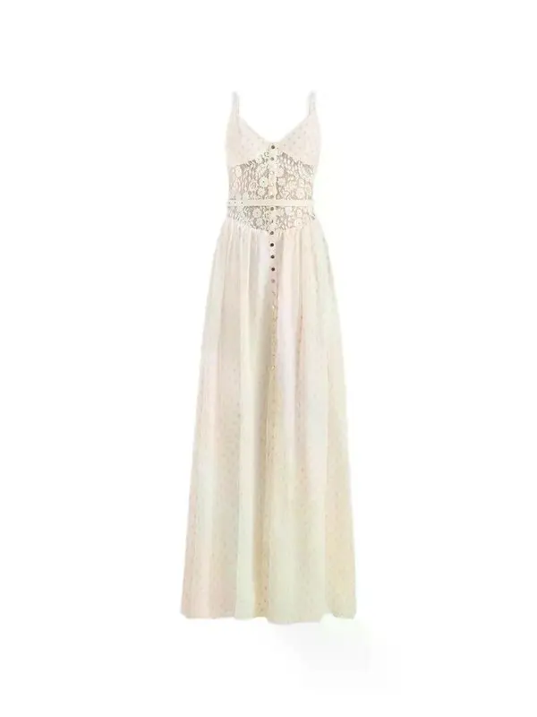 Manière De Voir Maniere De Voir Maxi Dress With Lace Paneling And Gold-tone Buttons - Neutrals