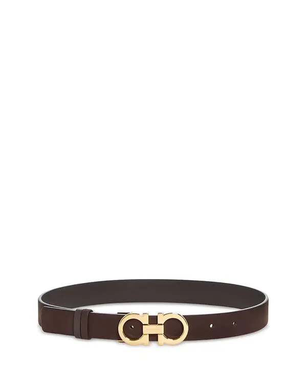 FERRAGAMO Double Gancini Leather & Suede Reversible Belt - Testa Di Moro
