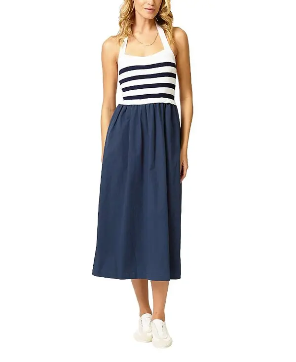 Central Park West Halterneck Striped Midi Dress - Navy Blue
