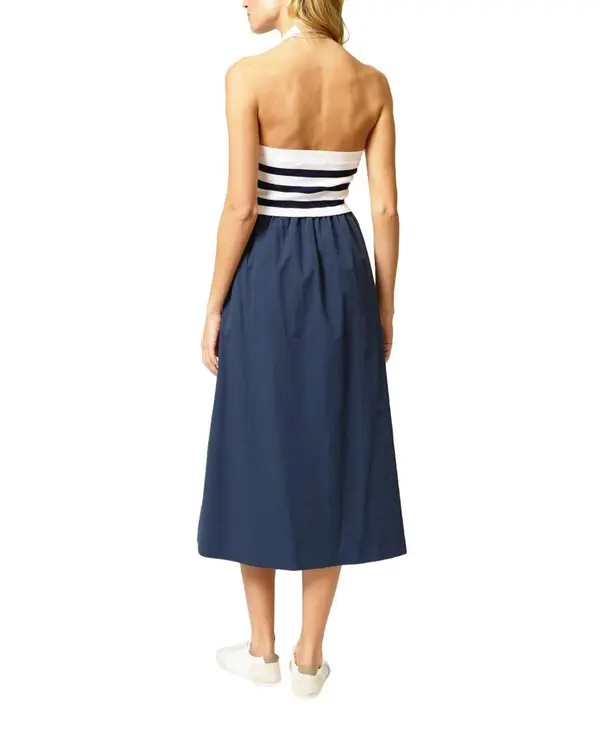 Central Park West Halterneck Striped Midi Dress - Navy Blue