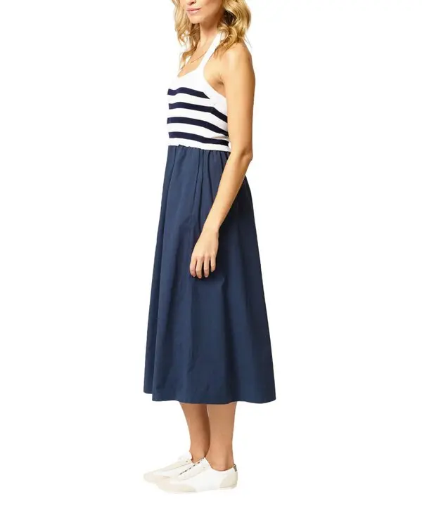 Central Park West Halterneck Striped Midi Dress - Navy Blue