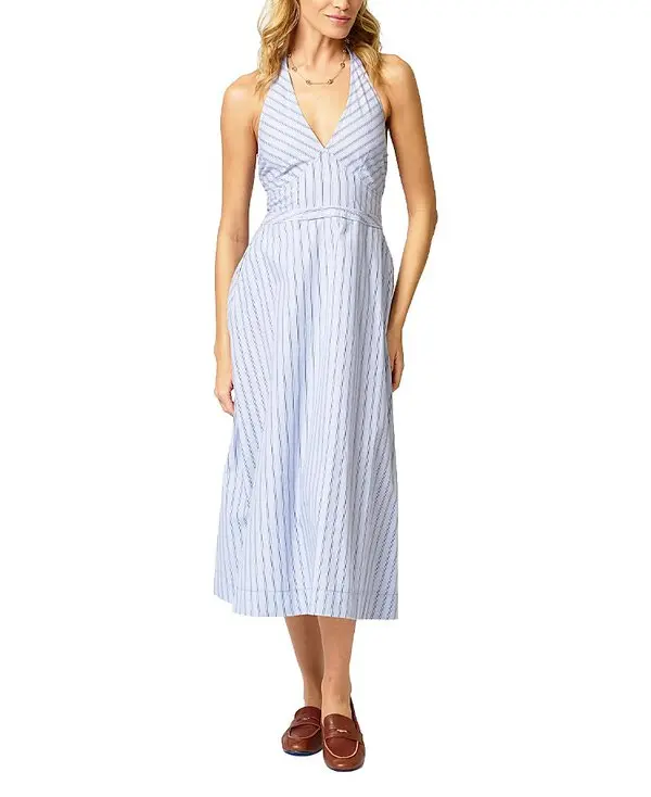 Central Park West Poplin Stripe Halter Dress - Light Blue