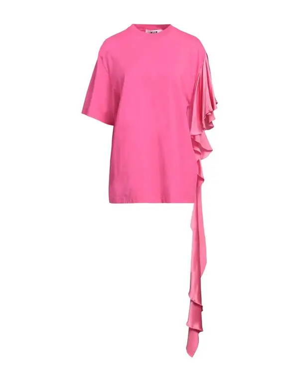 MSGM Fuchsia Cotton Viscose T-shirt With Satin Ruffle Detail