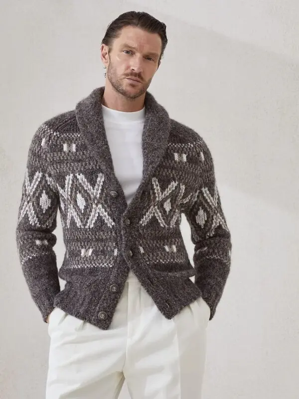 Brunello Cucinelli Geometric Jacquard Alpaca Blend Cardigan - Brown