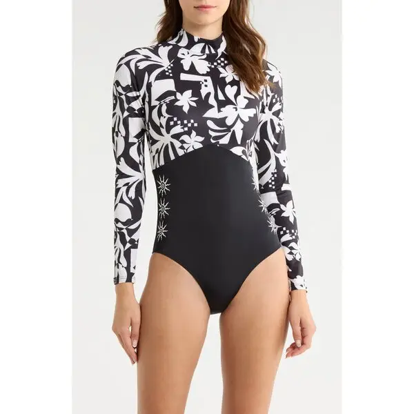 Rip Curl Topanga Geometric Print Embroidered Long Sleeve One-piece Rashguard Swimsuit - Black