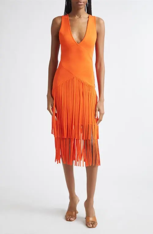 TOCCIN Patricia Seamed Fringe Hem Midi Dress - Flame