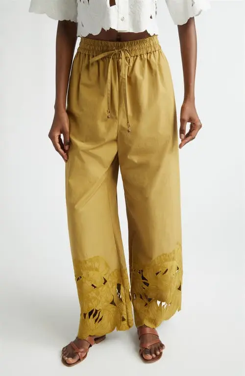 Zimmermann Mahon Embroidered Cutwork Cotton Wide Leg Ankle Pants - Moss