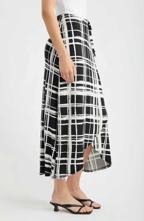 Loveappella Windowpane Plaid Faux Wrap Knit Skirt