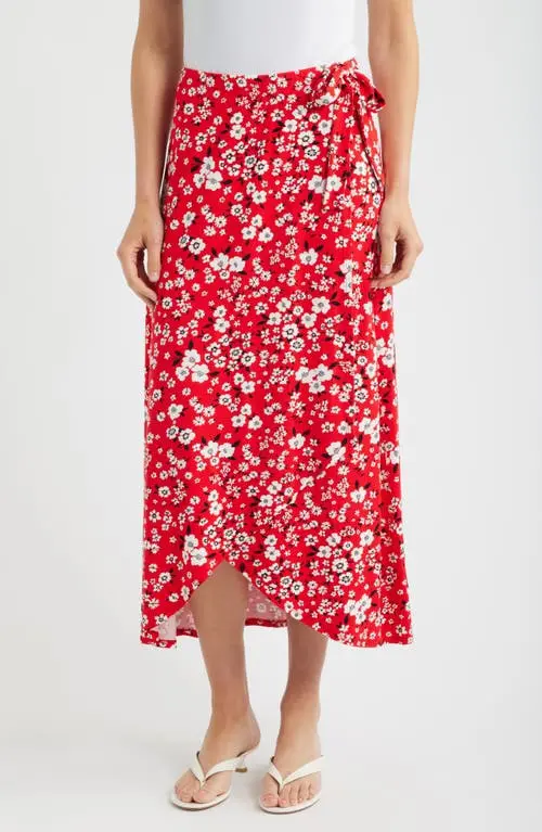 Loveappella Floral Faux Wrap Knit Midi Skirt - Red