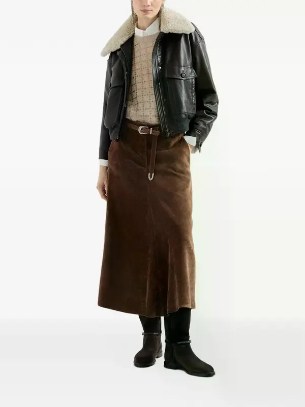 Brunello Cucinelli Fluid Corduroy Flute Skirt With Monili - Brown