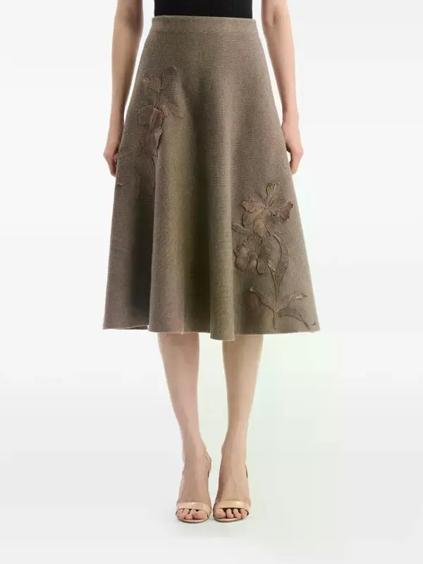 Oscar De La Renta Hibiscus Embroidered Knit Skirt - Brown