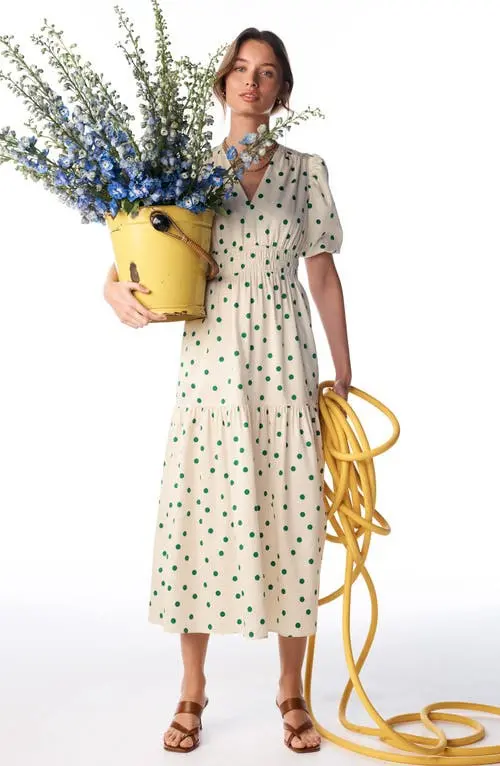 Boden Polka Dot Puff Sleeve Midi Dress