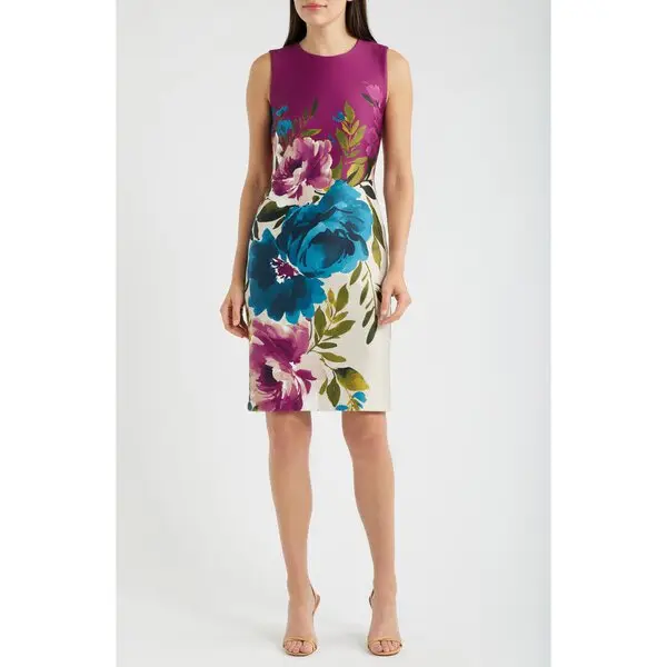 Anne Klein Sleeveless Sheath Dress With Floral Print - Beet Multi