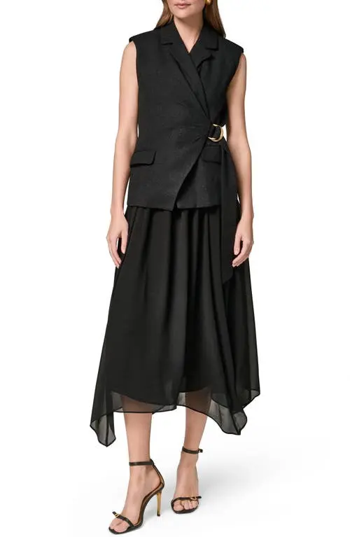 Donna Karan New York Mixed Media Belted Handkerchief Hem Midi Dress - Black