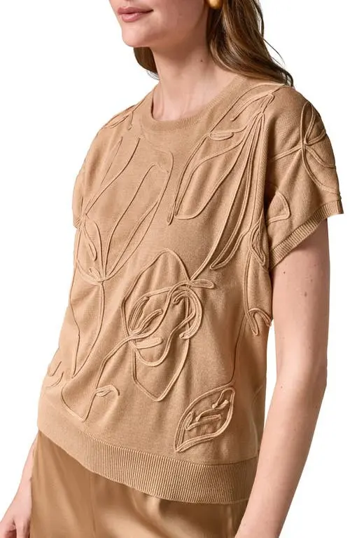 Donna Karan New York Embroidered Short Sleeve Sweater - Fawn