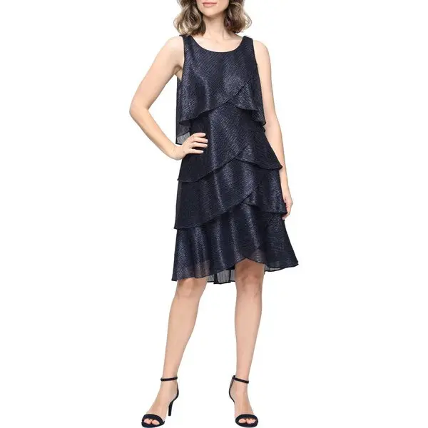 SL FASHIONS Metallic Ruffle Sleeveless Cocktail Dress - Navy