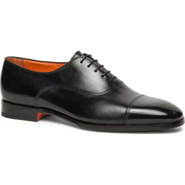 Santoni Burnished Calfskin Leather Lace-up Cap Toe Oxford - Black