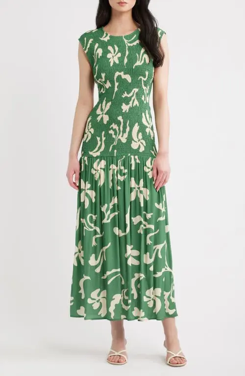 A.REN Leilani Floral Smock Bodice Maxi Dress - Green