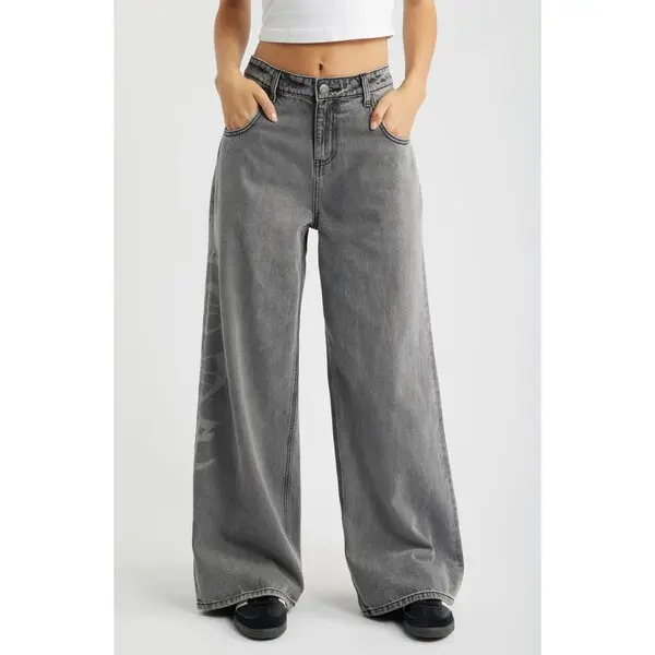 YMI Love Print Relaxed Superwide Leg Jeans - Grey