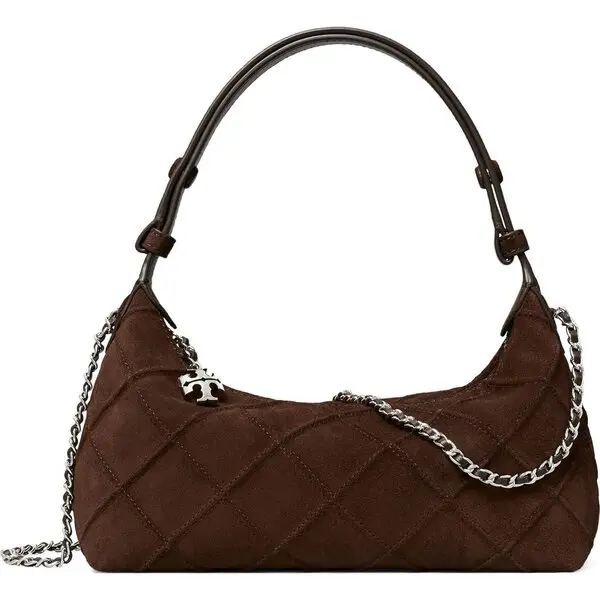 Tory Burch Fleming Quilted Suede Shoulder Bag - Dark Cocoa
