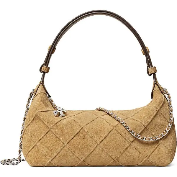 Tory Burch Fleming Quilted Suede Shoulder Bag - Stone