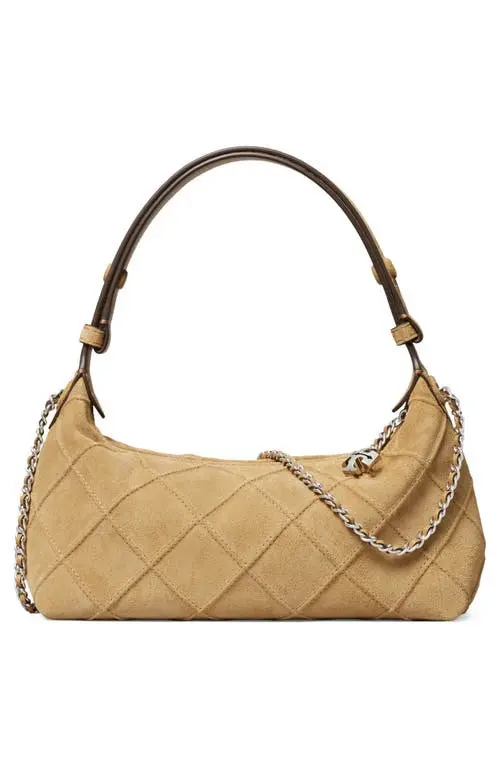 Tory Burch Fleming Quilted Suede Shoulder Bag - Stone
