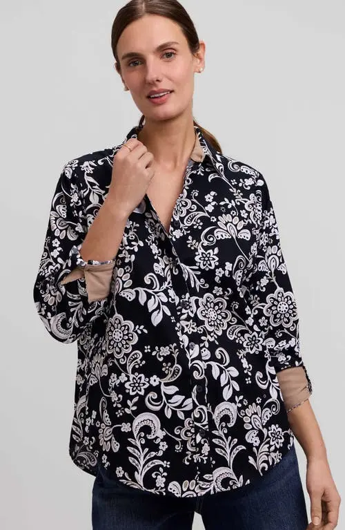 Foxcroft Margie Daisy Cotton Button-up Shirt - Black/multi
