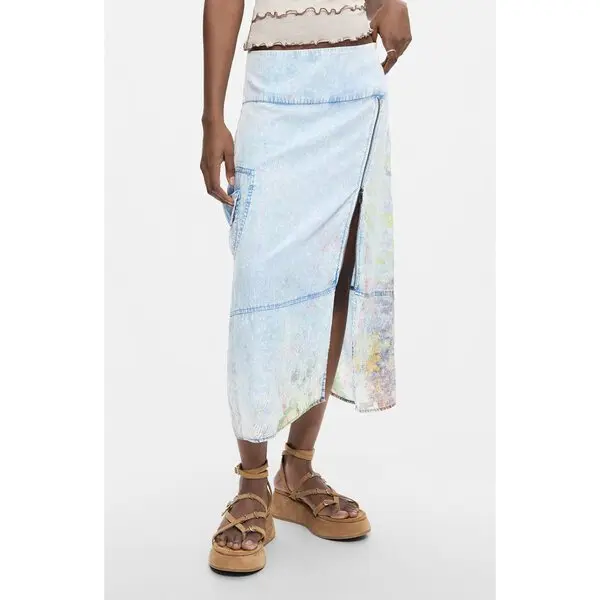 Desigual Graphic Print Straight Midi Denim Skirt - Light Blue