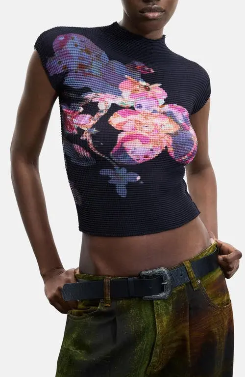 Desigual Floral Waffle Knit Top - Black