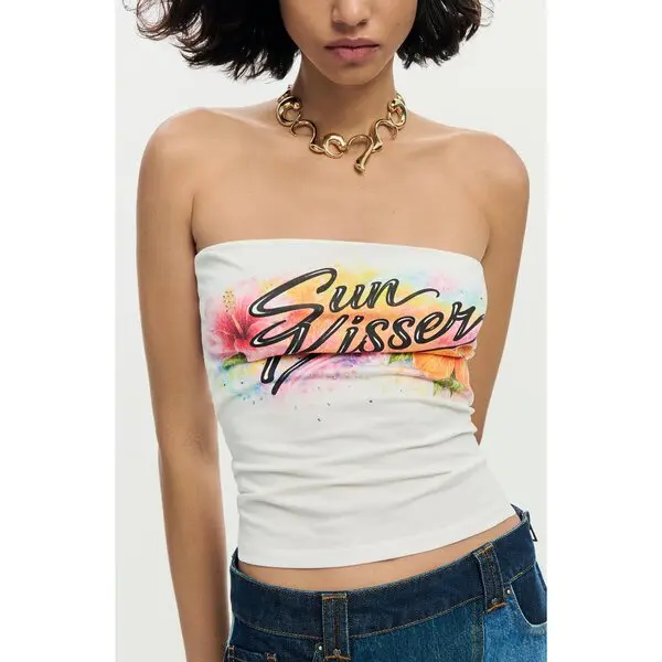 Desigual Graphic Tube Top With Embellishments - White