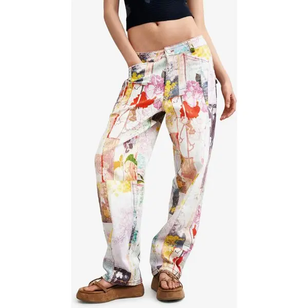 Desigual Mixed Print Stretch Cotton Denim Pants - Orange Multi