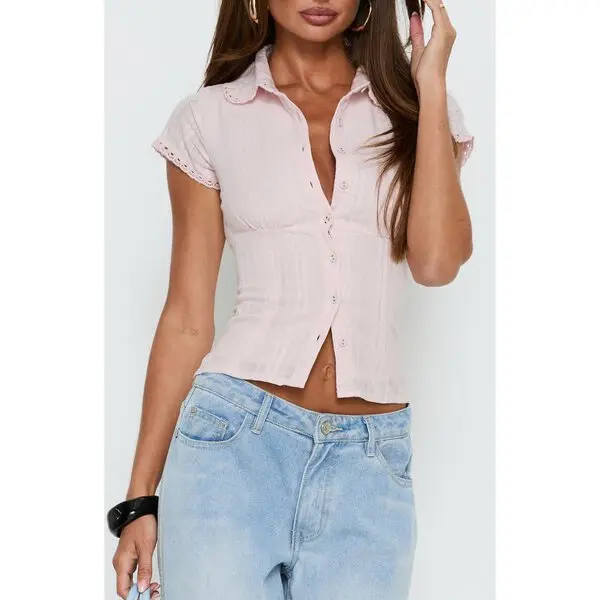 Princess Polly Tyrin Lace Trim Organic Cotton Button-up Shirt - Pink