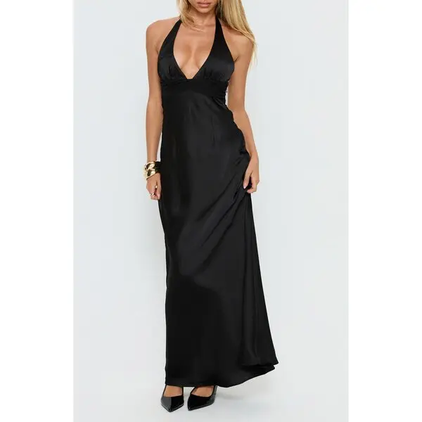 Princess Polly Odyssa Satin Halter Gown - Black