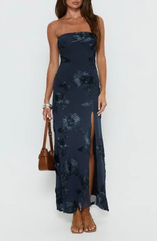Princess Polly Maribeth Strapless Maxi Gown With Floral Appliqués And Side Slit - Navy