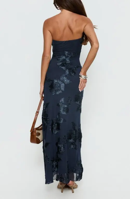 Princess Polly Maribeth Strapless Maxi Gown With Floral Appliqués And Side Slit