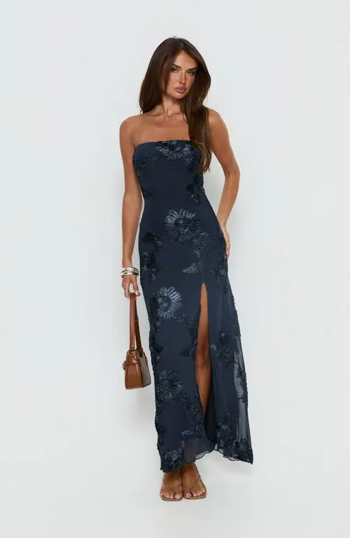 Princess Polly Maribeth Strapless Maxi Gown With Floral Appliqués And Side Slit