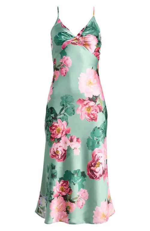 EMERALD SUNDAE Floral Print Twist Front Satin Slipdress - Sage