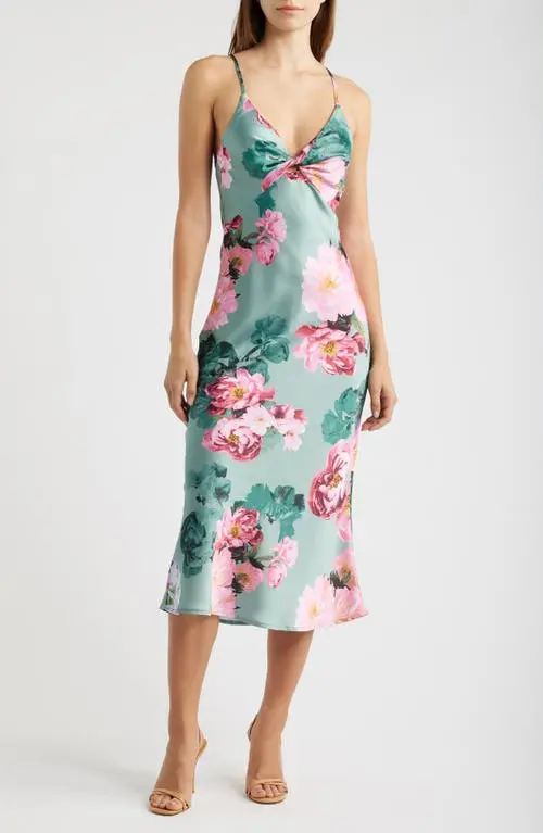 EMERALD SUNDAE Floral Print Twist Front Satin Slipdress - Sage