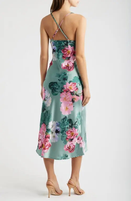 EMERALD SUNDAE Floral Print Twist Front Satin Slipdress